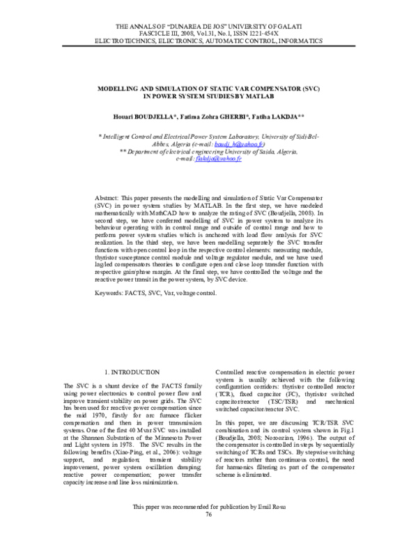 Pdf Modelling And Simulation Of Static Var Compensator Svc In Power
