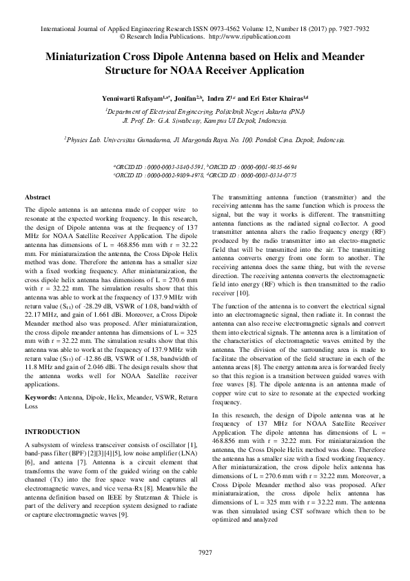 Pdf Miniaturization Cross Dipole Antenna Based On Helix And Meander Structure For Noaa
