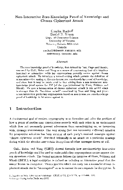 (PDF) Non-Interactive Zero-Knowledge Proof of Knowledge and Chosen Ciphertext Attack