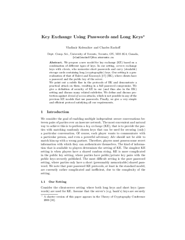 (PDF) Key Exchange Using Passwords and Long Keys