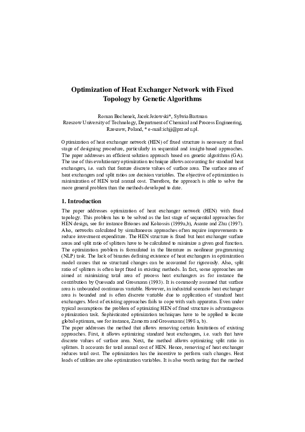 (PDF) Optimization of Heat Exchanger Network with Fixed Topology by Genetic Algorithms