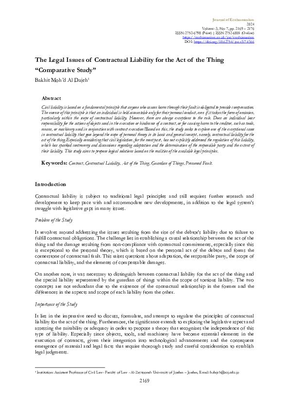 (PDF) The Legal Issues of Contractual Liability for the Act of the ...