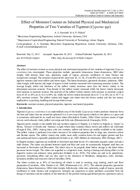 (PDF) Effect of Moisture Content on Selected Physical and Mechanical Properties of Two Varieties ...