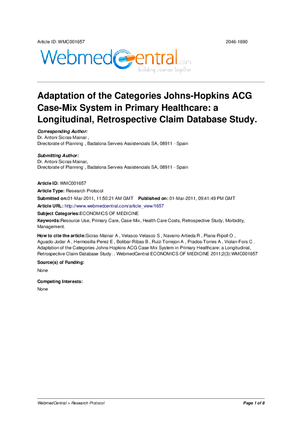 (PDF) Adaptation of the Categories Johns-hopkins Acg Case-mix System in ...