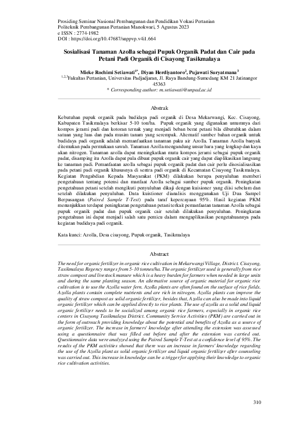 (PDF) Sosialisasi Tanaman Azolla sebagai Pupuk Organik Padat dan Cair pada Petani Padi Organik ...