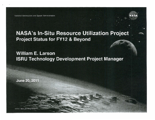(PDF) NASA's In-Situ Resource Utilization Project: Project Status for ...