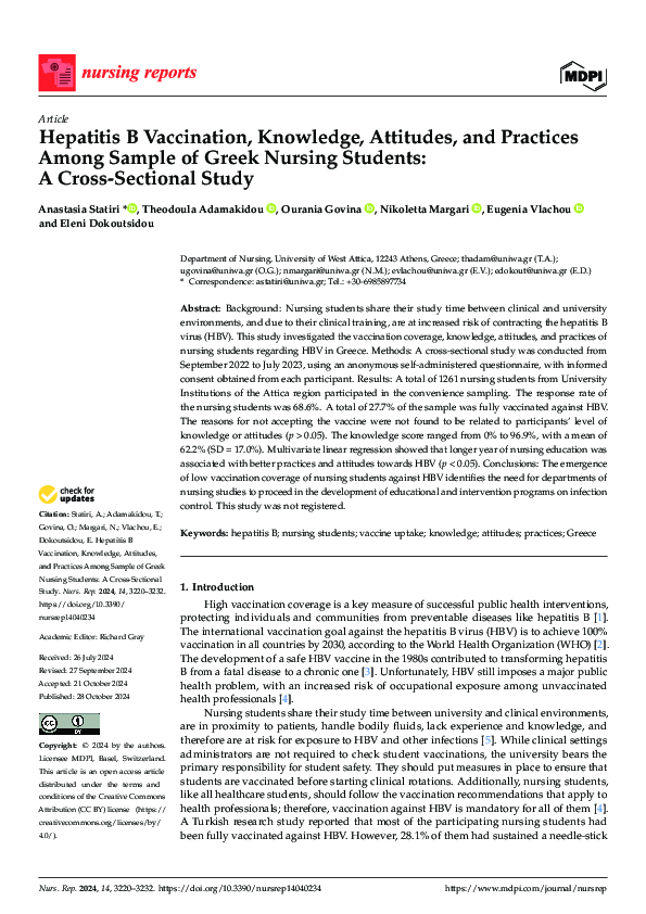 (PDF) Hepatitis B Vaccination, Knowledge, Attitudes, and Practices Among Sample of Greek Nursing ...