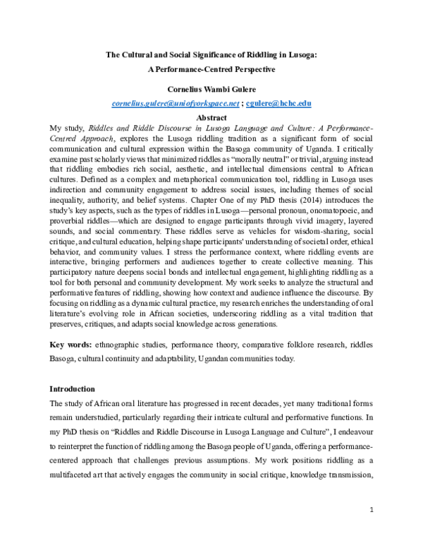 (PDF) The Cultural and Social Significance of Riddling in Lusoga: A ...