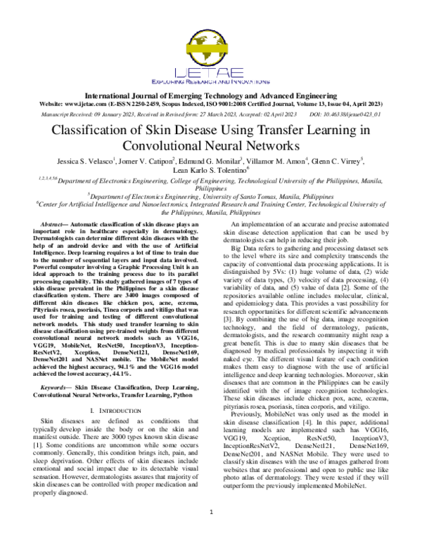 (PDF) Classification of Skin Disease Using Transfer Learning in Convolutional Neural Networks