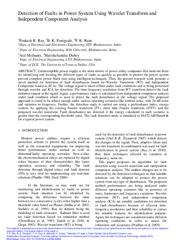 (PDF) Detection of faults in a power system using wavelet transform and independent component ...