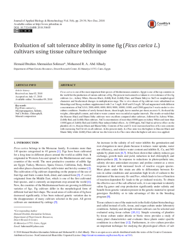 (PDF) Evaluation of salt tolerance ability in some fig (Ficus carica L.) cultivars using tissue ...
