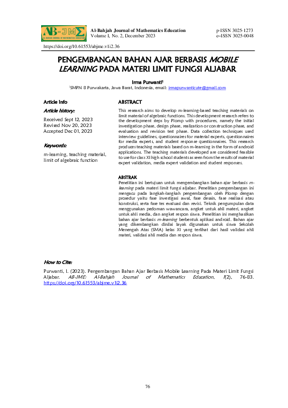 (PDF) Pengembangan Bahan Ajar Berbasis Mobile Learning Pada Materi Limit Fungsi Aljabar