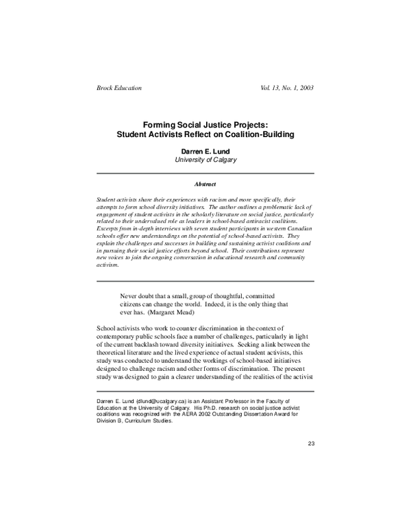 (PDF) Forming Social Justice Projects: Student Activists Reflect on ...