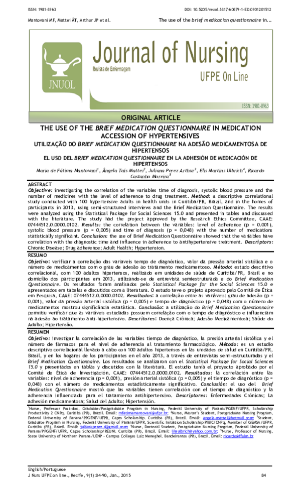 (PDF) The use of the brief medication questionnaire in medication ...