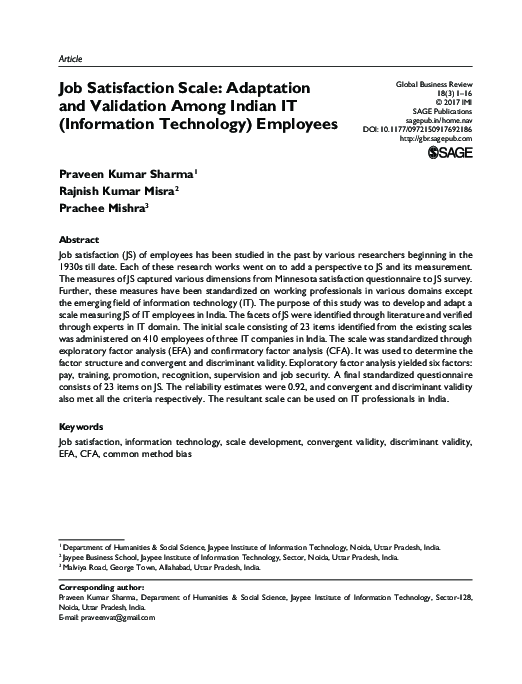 (PDF) Job Satisfaction Scale: Adaptation and Validation Among Indian IT (Information Technology ...