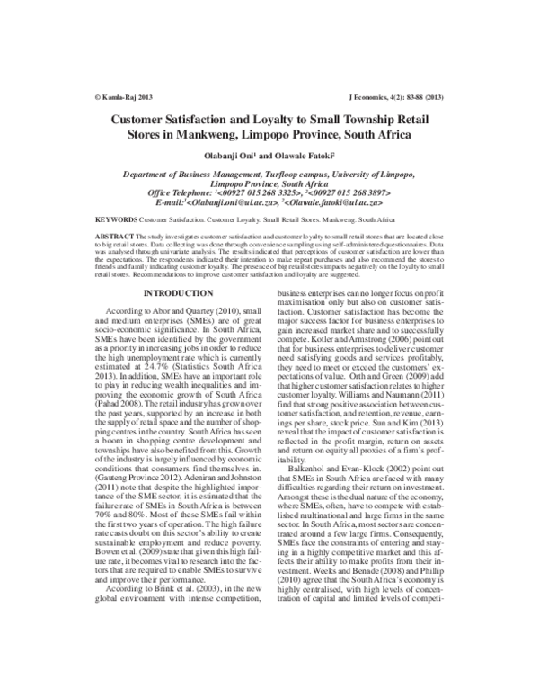 (PDF) Customer Satisfaction and Loyalty to Small Township Retail Stores ...