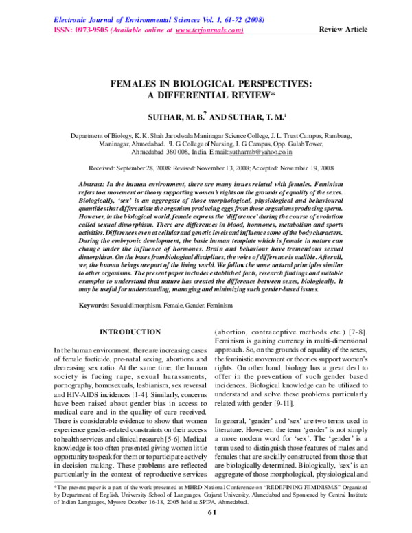 (PDF) FEMALES IN BIOLOGICAL PERSPECTIVES: A DIFFERENTIAL REVIEW