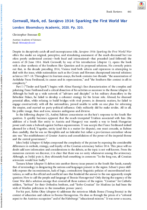 (PDF) Review of Mark Cornwall (ed.), Sarajevo 1914: Sparking the First ...