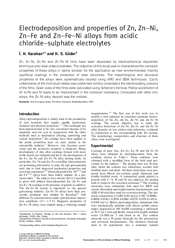 (PDF) Electrodeposition and properties of Zn, Zn–Ni, Zn–Fe and Zn–Fe–Ni alloys from acidic ...
