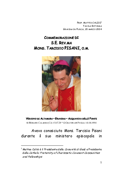 (PDF) COMMEMORAZIONE DI S.E. REV.MA MONS. TARCISIO PISANI, O.M. di ...