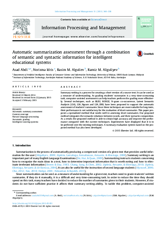 (PDF) Automatic summarization assessment through a combination of semantic and syntactic ...