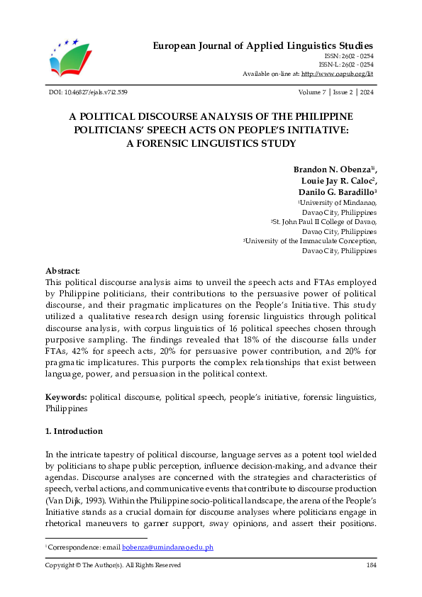 (PDF) A Political Discourse Analysis of the Philippine Politicians' Speech Acts on People's ...