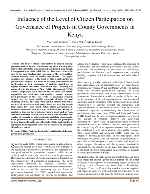 (PDF) Influence of the Level of Citizen Participation on Governance of ...