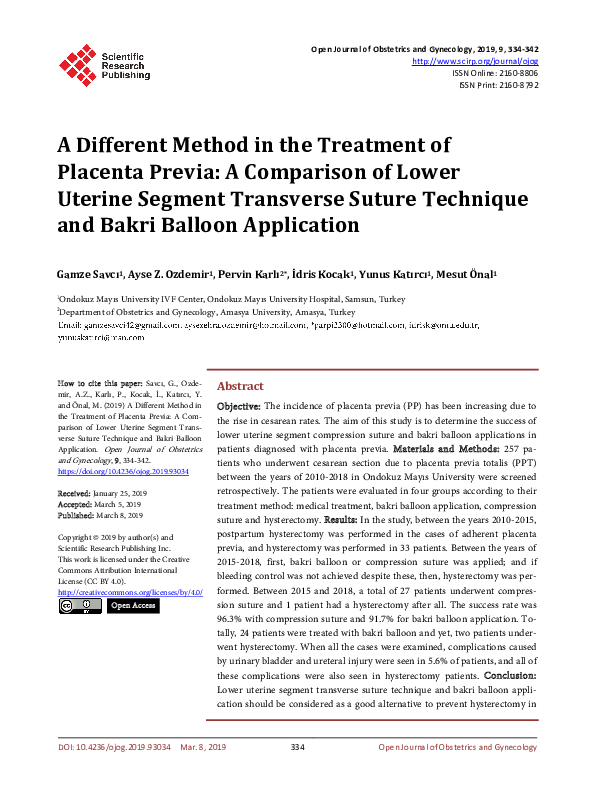 (PDF) A Different Method in the Treatment of Placenta Previa: A ...