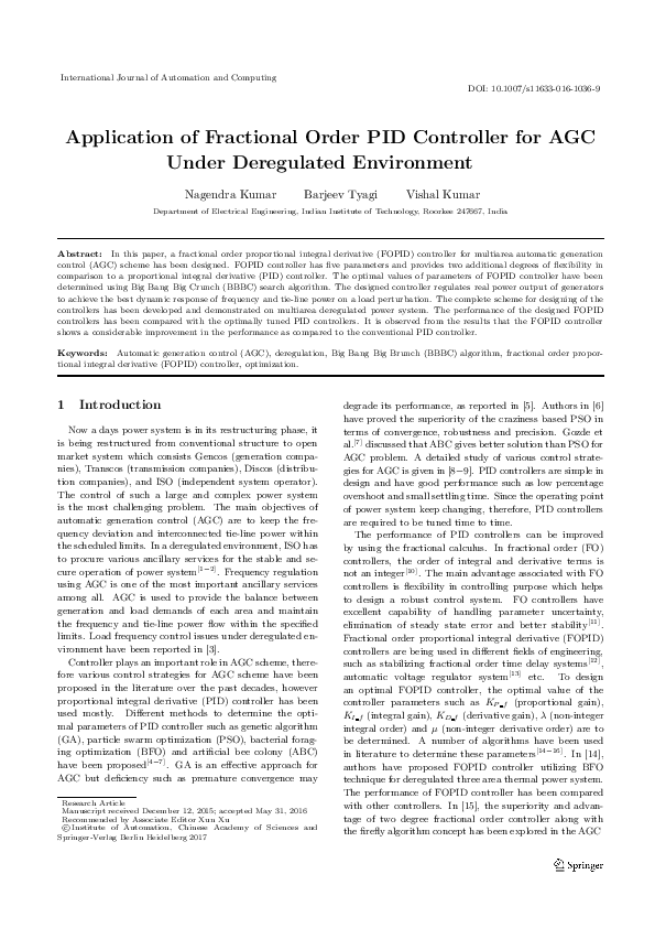 (PDF) Application of fractional order PID controller for AGC under deregulated environment