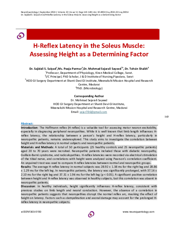 (PDF) H-Reflex Latency in the Soleus Muscle: Assessing Height as a ...