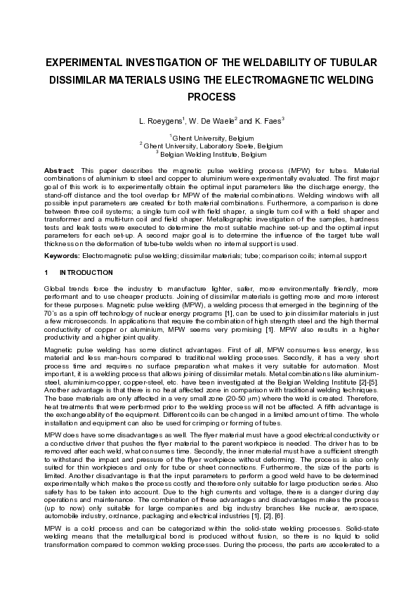 (PDF) Experimental investigation of the weldability of tubular dissimilar materials using the ...