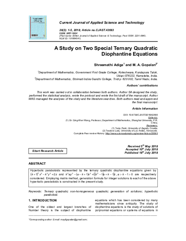 (PDF) A Study on Two Special Ternary Quadratic Diophantine Equations
