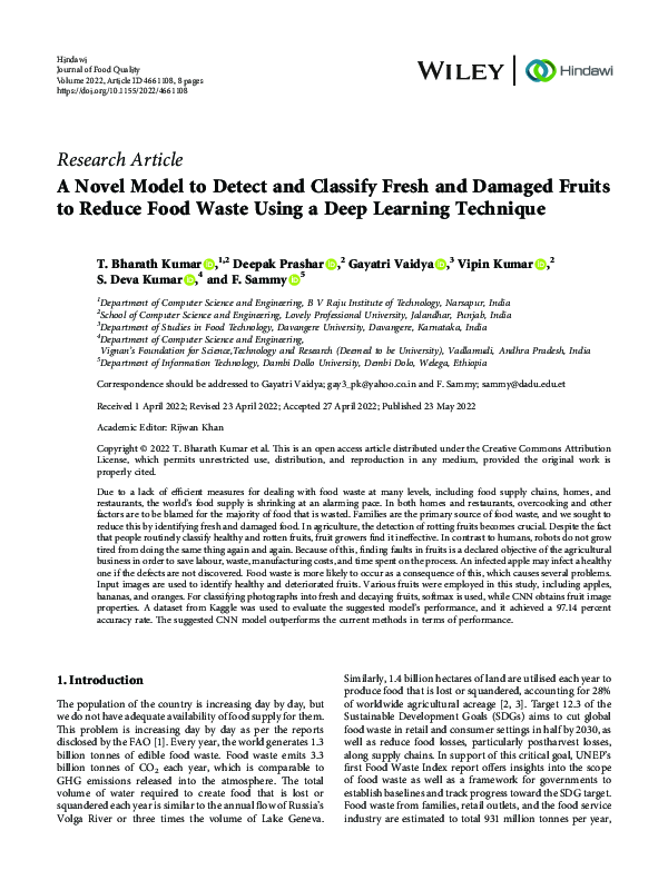 (PDF) A Novel Model to Detect and Classify Fresh and Damaged Fruits to Reduce Food Waste Using a ...