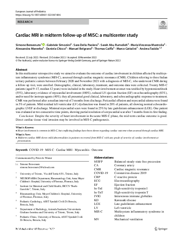 (PDF) Cardiac MRI in midterm follow-up of MISC: a multicenter study