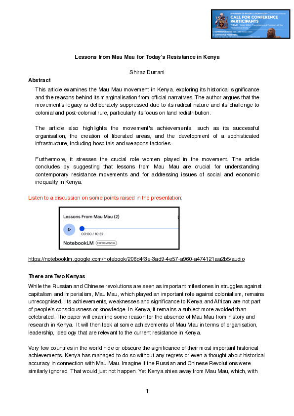 (PDF) Lessons from Mau Mau for Today's Resistance in Kenya