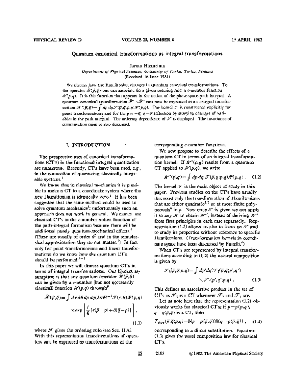 (PDF) Quantum canonical transformations as integral transformations