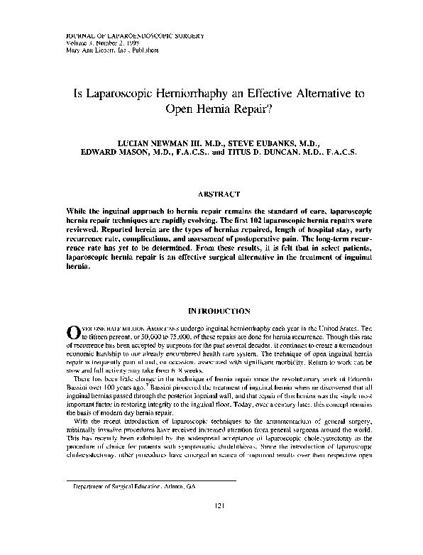 (PDF) Is Laparoscopic Herniorrhaphy an Effective Alternative to Open Hernia Repair?