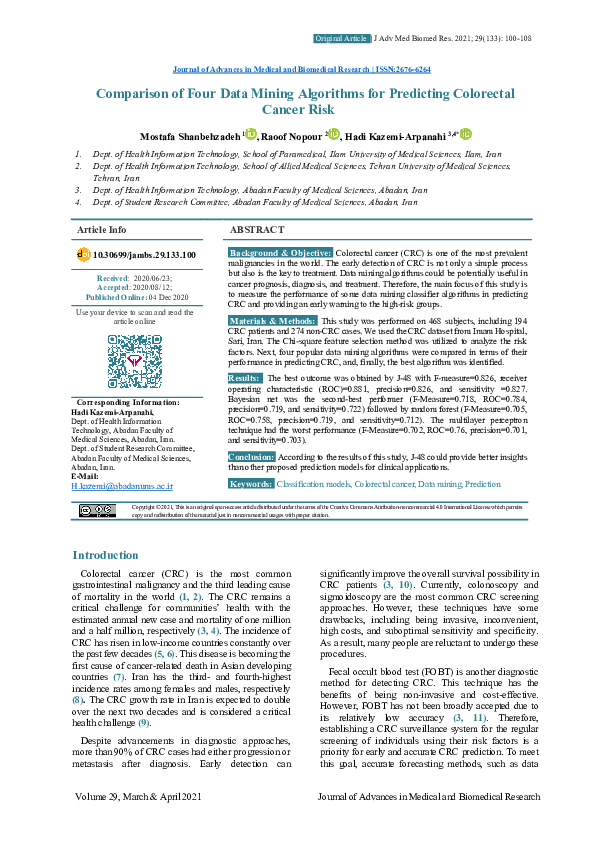 (PDF) Comparison of Four Data Mining Algorithms for Predicting Colorectal Cancer Risk