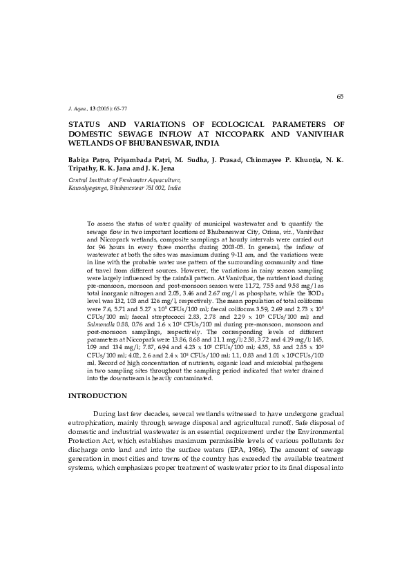 (PDF) Status and Variations of Ecological Parameters of Domestic Sewage ...