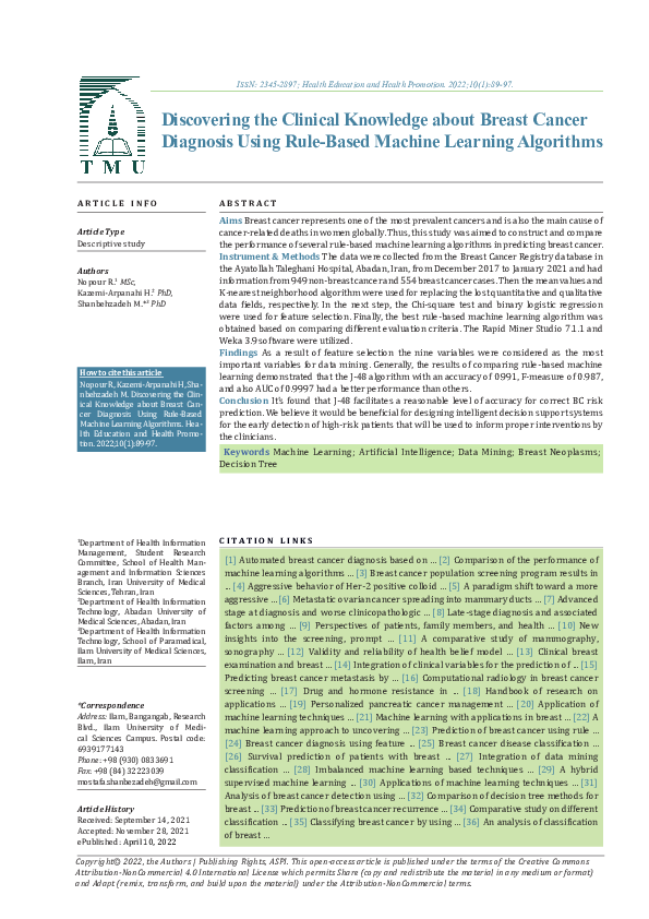 (PDF) Discovering the Clinical Knowledge about Breast Cancer Diagnosis Using Rule-Based Machine ...