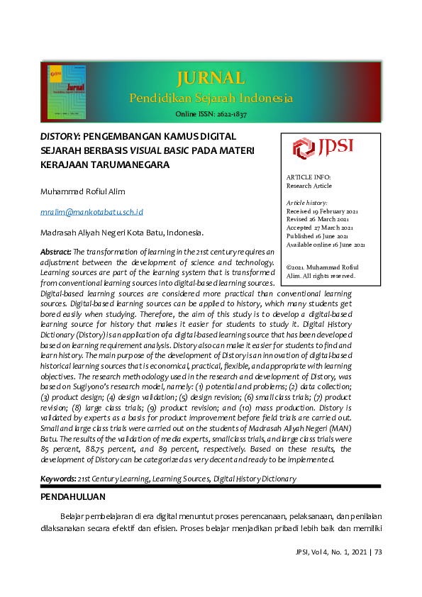 (PDF) Distory: Pengembangan Kamus Digital Sejarah Berbasis Visual Basic Pada Materi Kerajaan ...