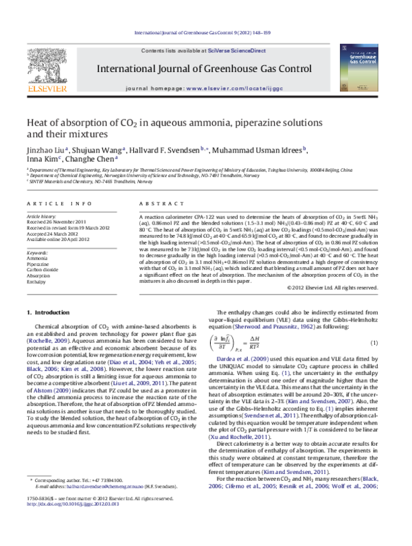 (PDF) Heat of absorption of CO2 in aqueous ammonia, piperazine solutions and their mixtures