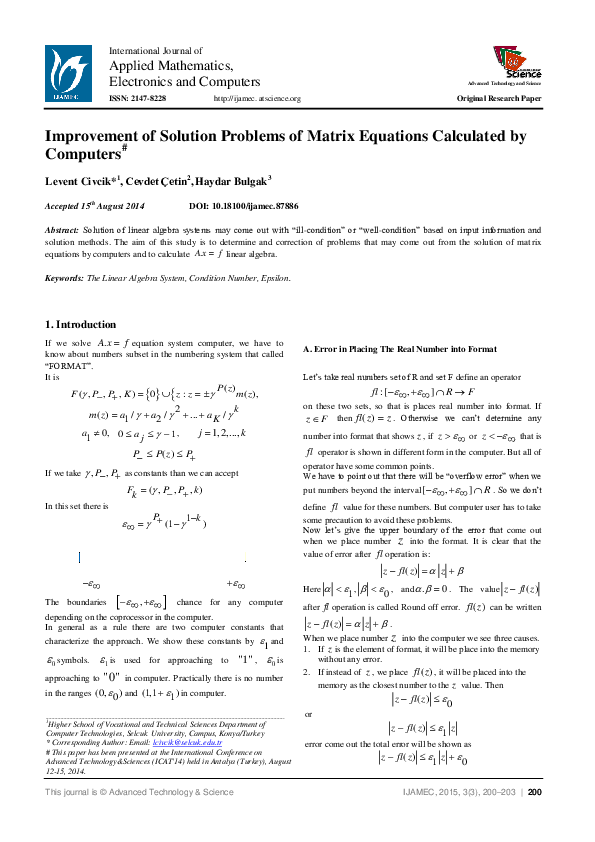 (PDF) Improvement of Solution Problems of Matrix Equations Calculated ...