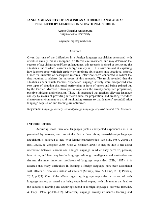 (PDF) Language Anxiety of English as a Foreign Language as Perceived by ...