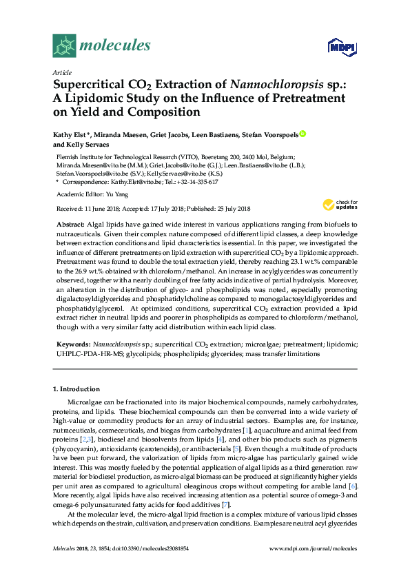 (PDF) Supercritical CO2 Extraction of Nannochloropsis sp.: A Lipidomic Study on the Influence of ...