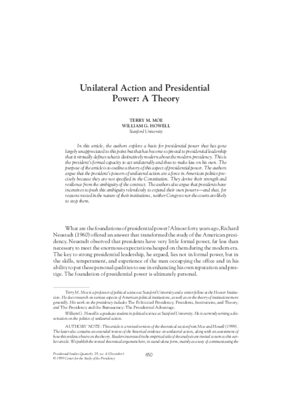 (PDF) Unilateral Action and Presidential Power: A Theory