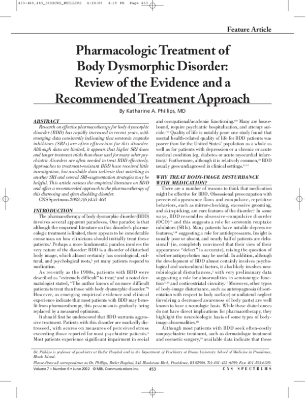 (PDF) Pharmacologic Treatment of Body Dysmorphic Disorder: Review of ...