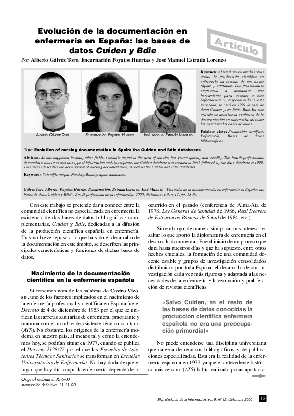 (PDF) Evoluci n de la documentaci n en enfermer a en Espa a: las bases de datos Cuiden y Bdie