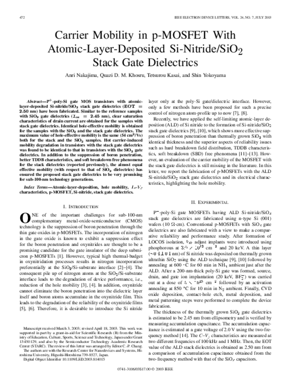(PDF) Carrier mobility in p-MOSFET with atomic-layer-deposited Si-nitride/SiO2 stack gate ...