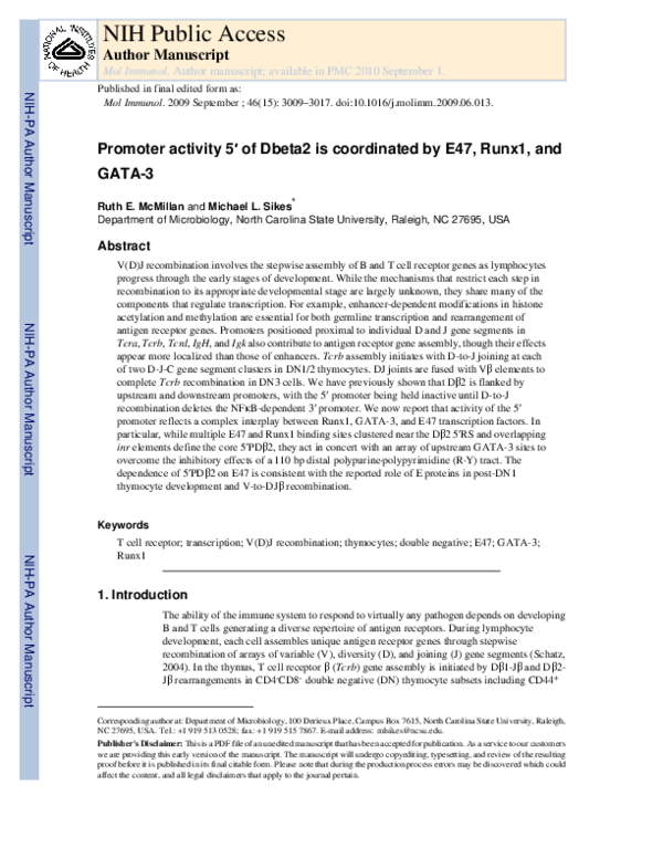 (PDF) Promoter activity 5′ of Dβ2 is coordinated by E47, Runx1, and GATA-3